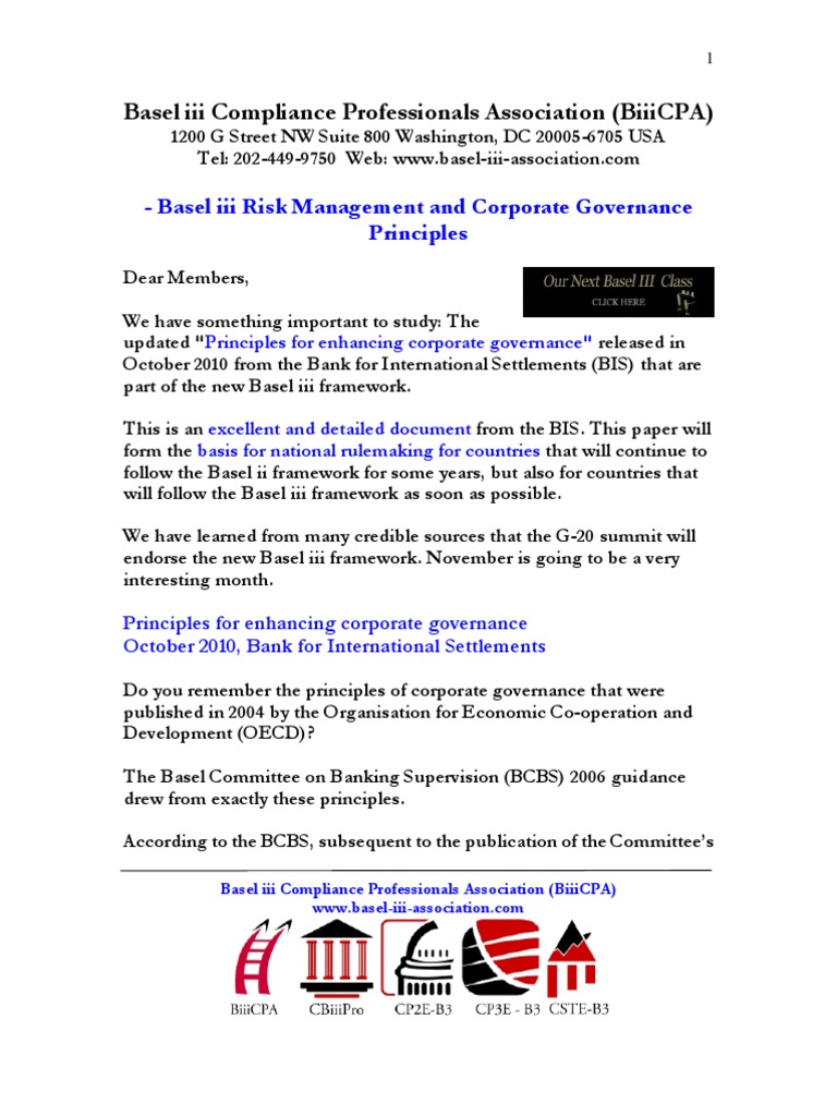 Basel III Risk Management and Corporate Governance Principles | PDF