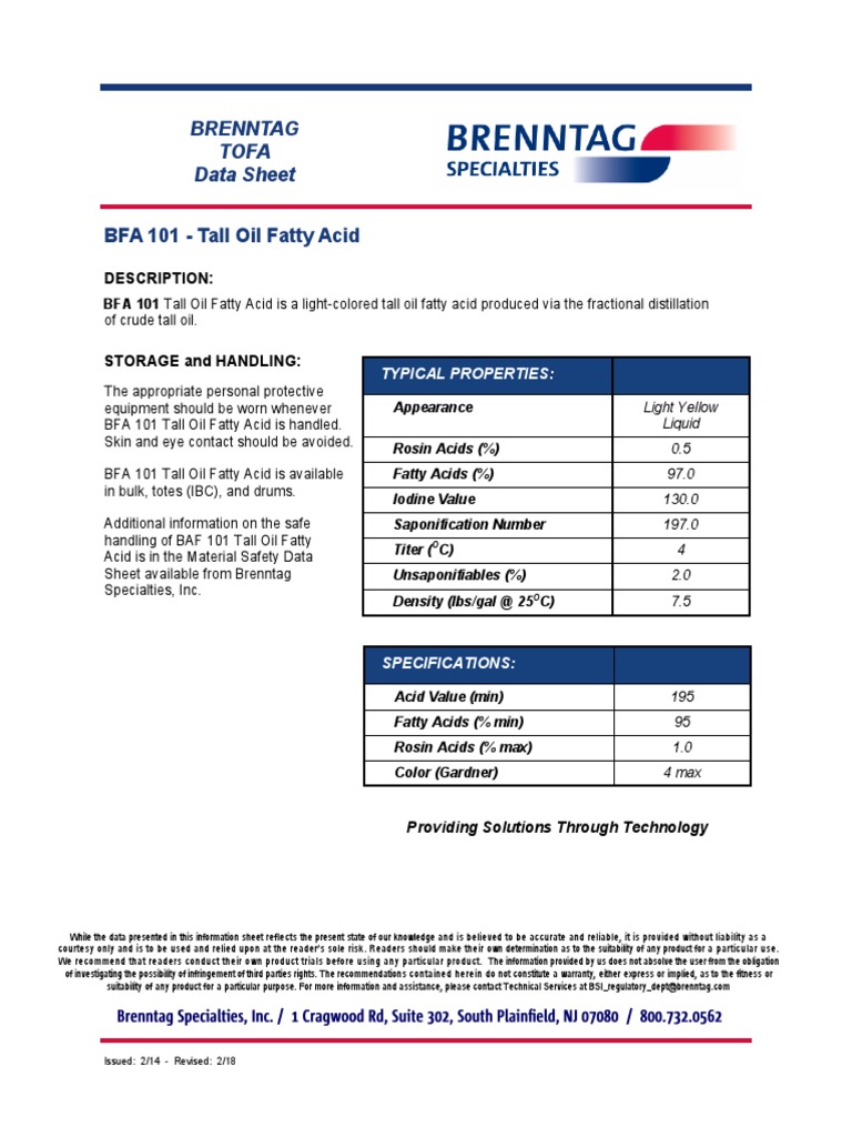 Brenntag Tofa Data Sheet: BFA 101 - Tall Oil Fatty Acid | PDF | Fatty ...