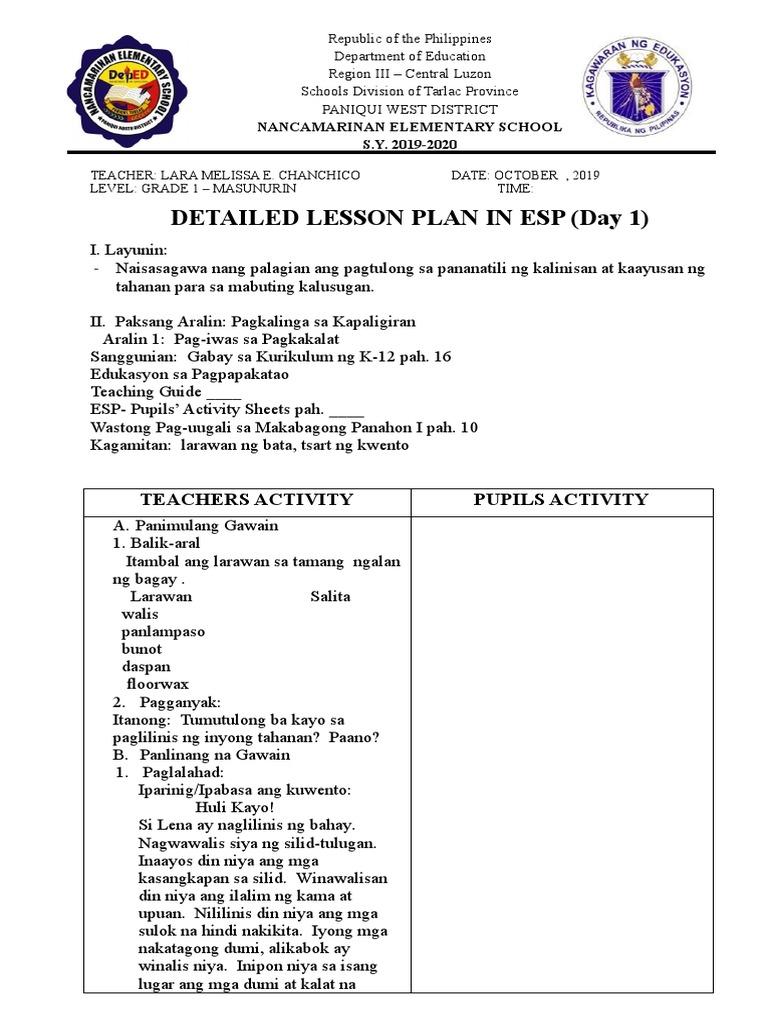 Detailed Lesson Plan in Esp (Day 1) : Teachers Activity Pupils Activity ...