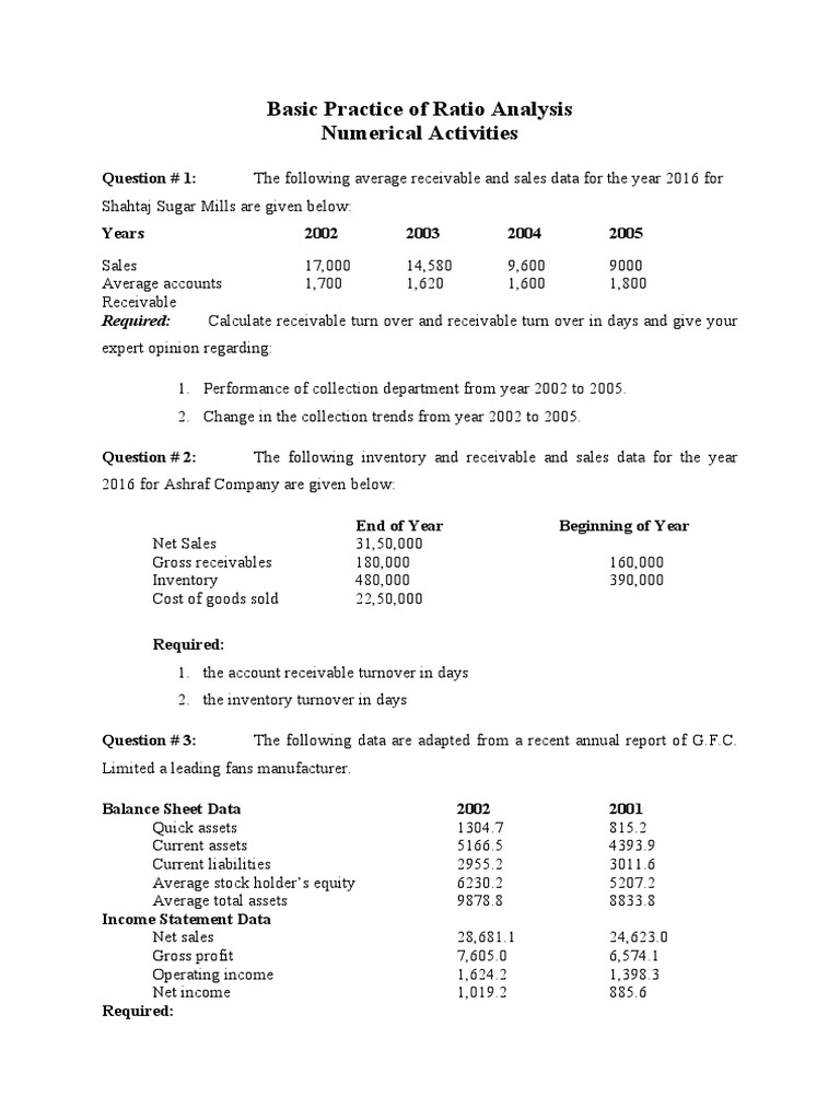 Basic Practice of Ratio Analysis Numerical Activities: Question # 1 ...