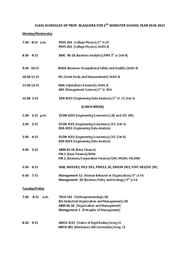 Class Schedules of Prof. Blaquera For 2 Semester School Year 2020-2021 ...