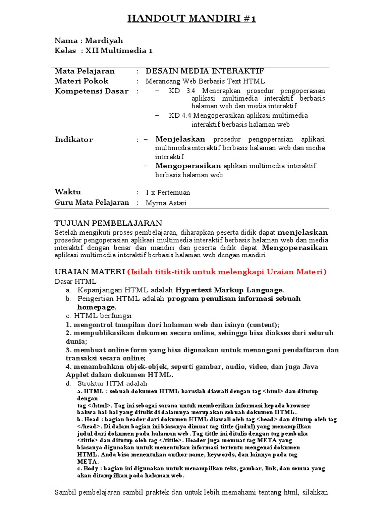 Handout DMI Dasar HTML #1-Dikonversi | PDF | Komputer