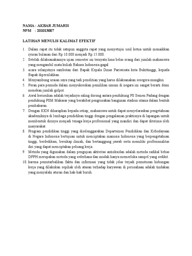 Bahasa Indonesia LATIHAN MENULIS KALIMAT EFEKTIF | PDF