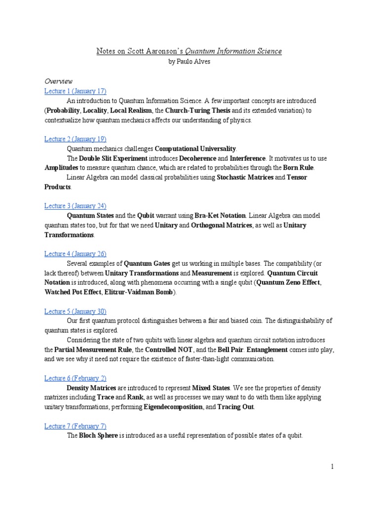 Notes On Scott Aaronson's Quantum Information Science: Lecture 1 ...