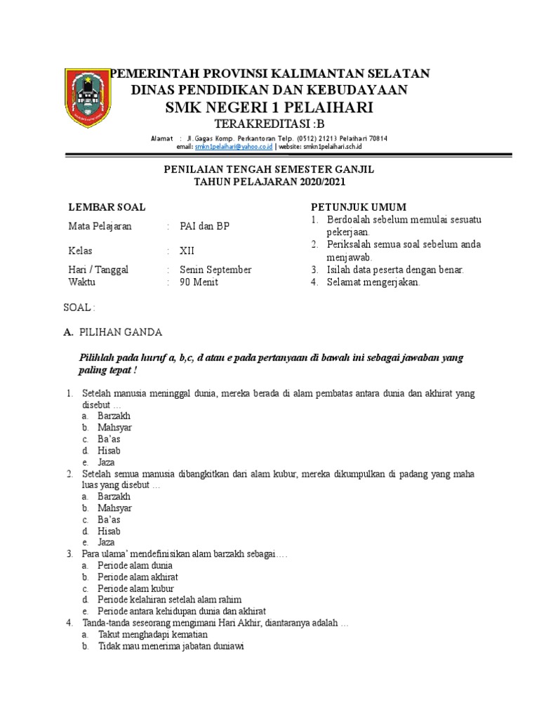 SOAL PTS GANJIL 2020-2021 KD 3.1 Dan 3.3 | PDF