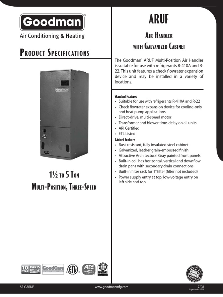 Goodman ARUF Air Handler Specs | PDF | Inductor | Physical Quantities