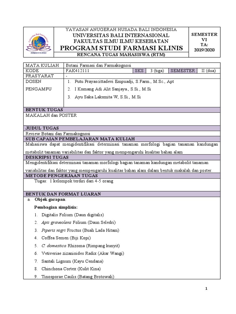 Program Studi Farmasi Klinis: Universitas Bali Internasional Fakultas Ilmu Ilmu Kesehatan | PDF