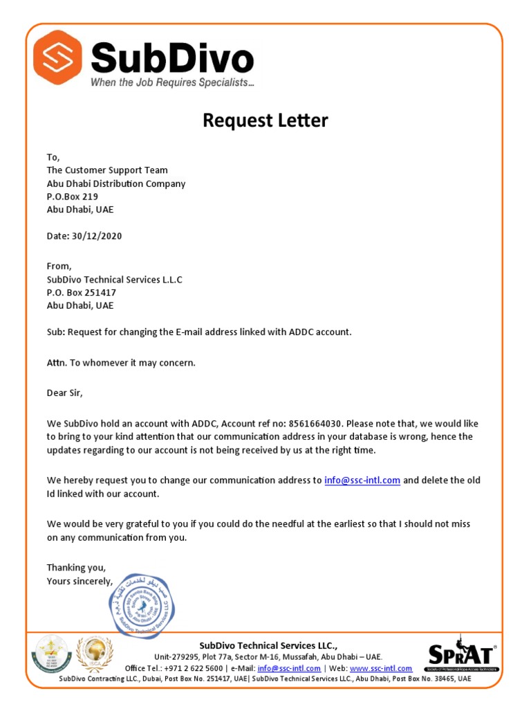 SubDivo - Request letter-ADDC-30122020 | PDF