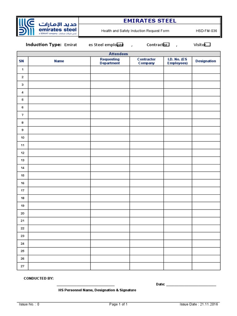 Emirates Steel Health & Safety Induction Form | PDF