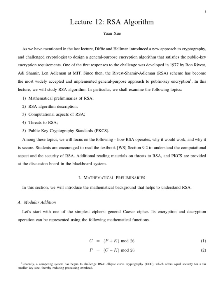 RSA Algorithm Overview and Formulas | PDF