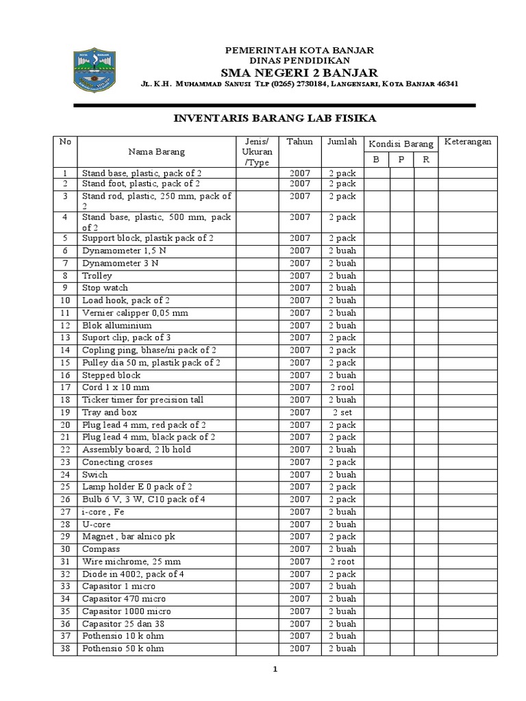 Daftar Inventaris Barang Lab Fisika | PDF