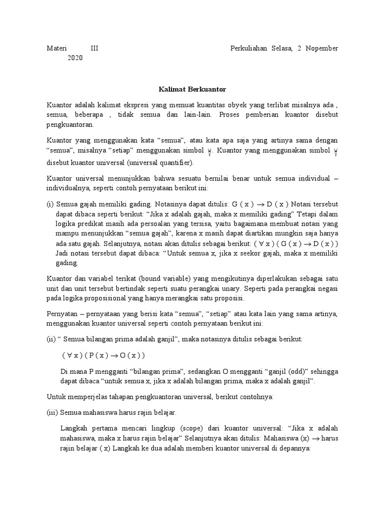 Materi III (Kalimat Berkuantor) | PDF