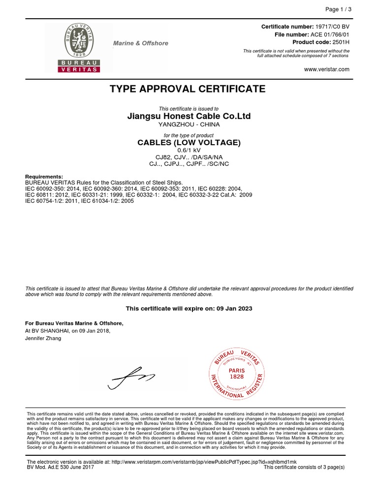 Type Approval Certificate: Jiangsu Honest Cable Co - LTD | PDF ...