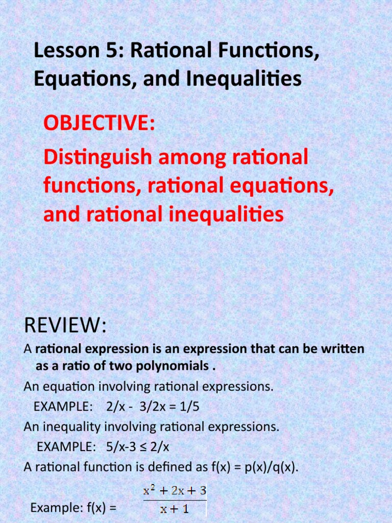 Lesson 5: Rational Functions, Equations, and Inequalities | PDF