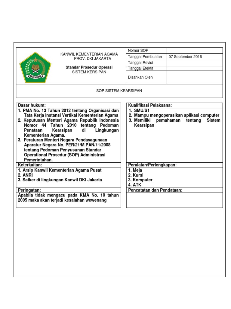 Standar Prosedur Operasi Sistem Kearsipan di Kanwil Kementerian Agama Provinsi DKI Jakarta | PDF