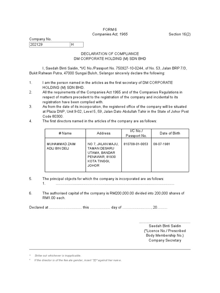 Form 6 (Declaration of Compliance) | PDF | Companies | Business