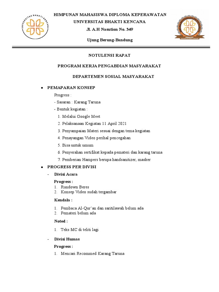 Notulensi Rapat Program Kerja Pengabdian Masyarakat 09 Maret 2021 | PDF