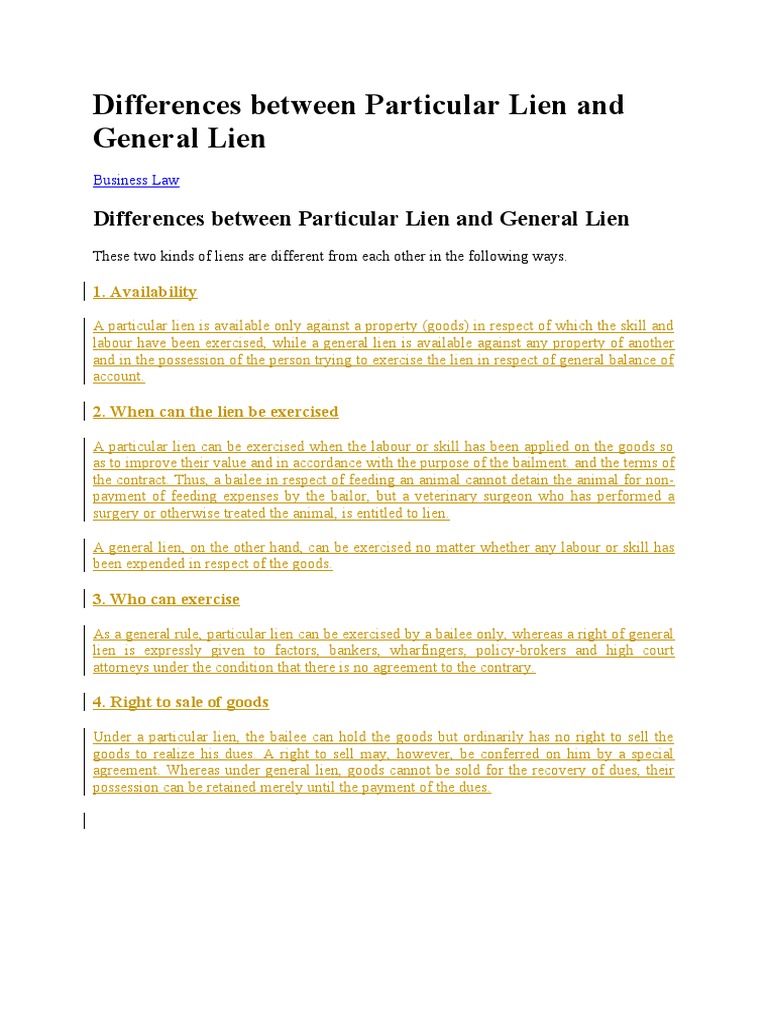 Differences Between Particular Lien and General Lien | PDF | Lien ...