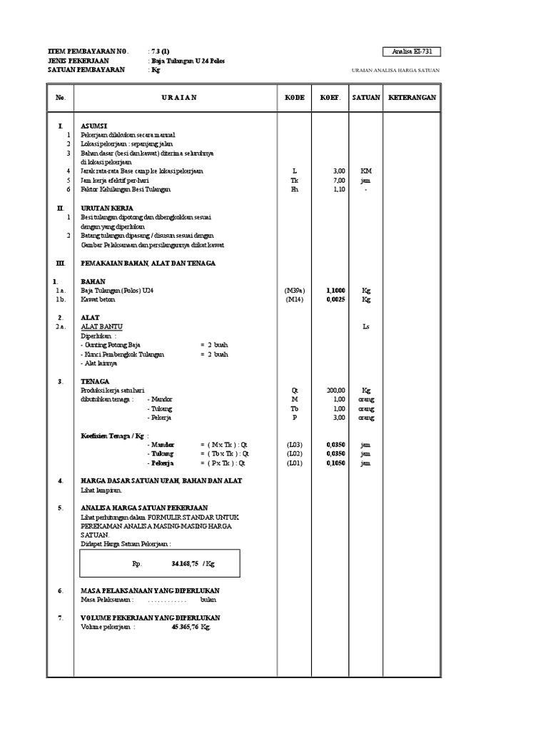 Analisa Harga Baja Tulangan U24 Polos | PDF