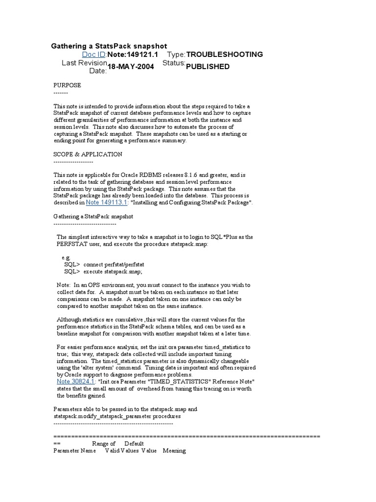 Gathering A StatsPack Snapshot | PDF | Parameter (Computer Programming) | Databases