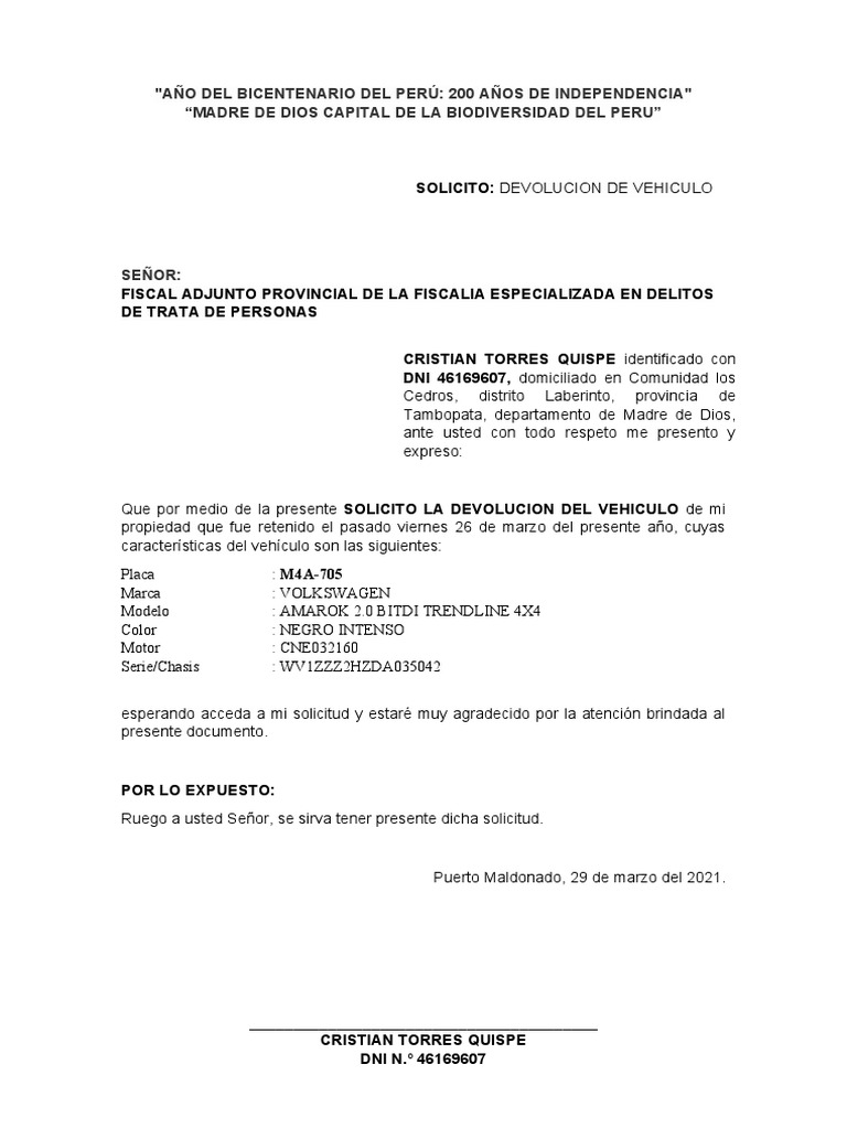 Solicito Devolucion de Vehiculo | PDF | Vehículos | Vehículo de motor
