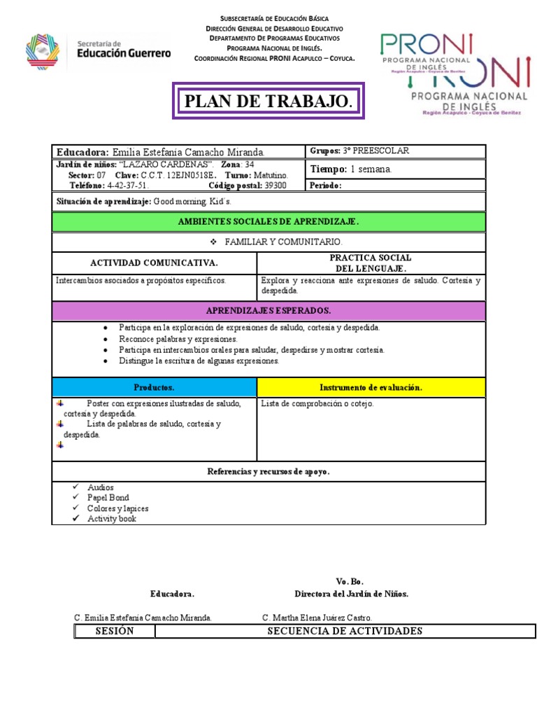 Planeacion de Ingles 3-PREESCOLAR | PDF | Educación de la primera ...