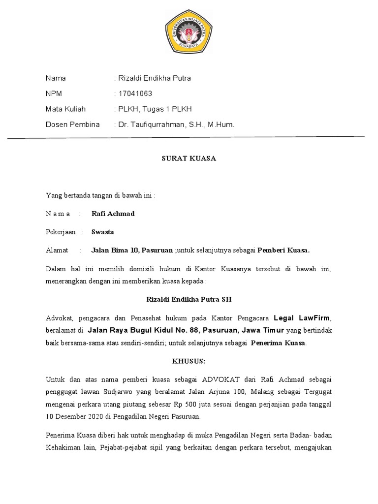 Tugas 1 PLKH Surat Kuasa Kasus Perdata | PDF