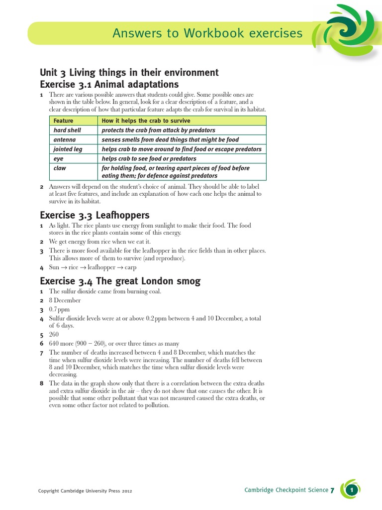 Answers To Workbook Exercises: Unit 3 Living Things in Their ...