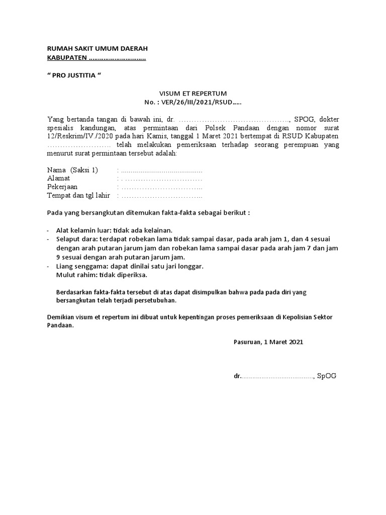 Visum Et Repertum Selaput Dara Robek | PDF