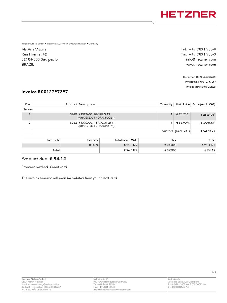 Hetzner Invoice R0012797297 Details | PDF | Invoice | Financial Technology