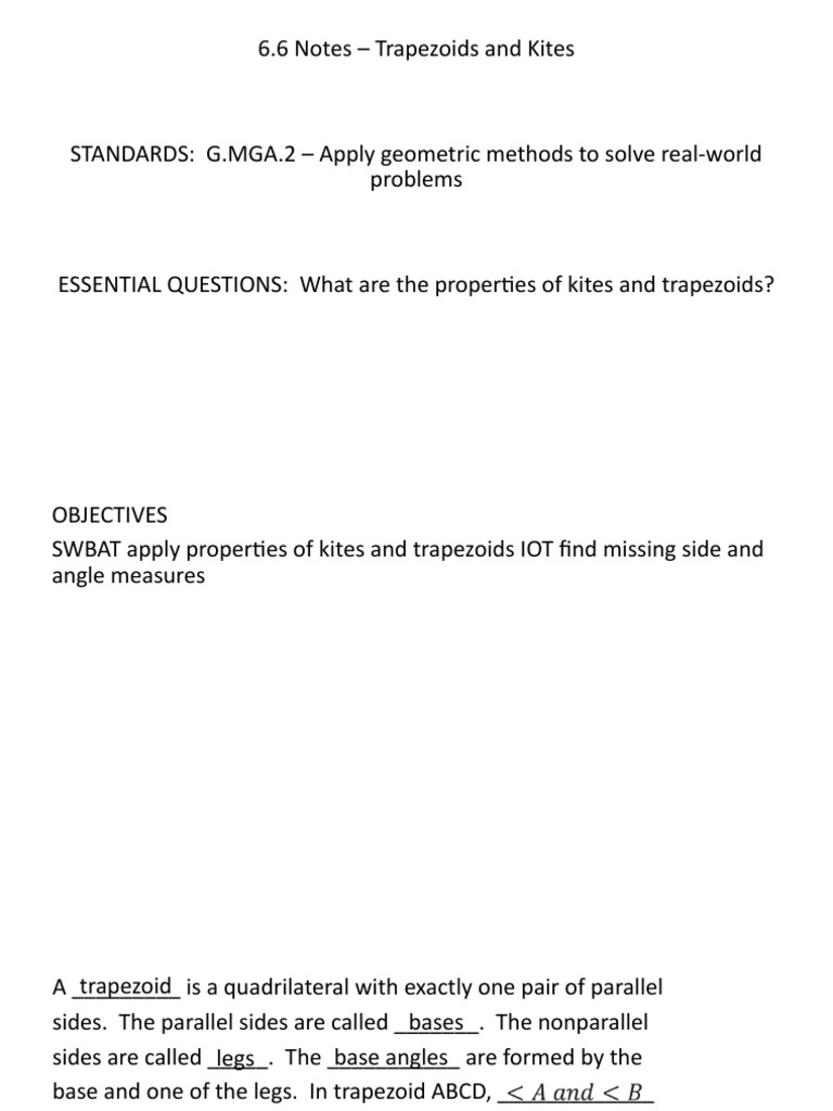 6.6 Notes - Trapezoids and Kites | PDF | Perpendicular | Euclidean ...