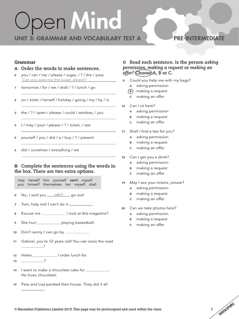 Open Mind Pre-Intermediate Unit 3 Grammar and Vocabulary Test A | PDF
