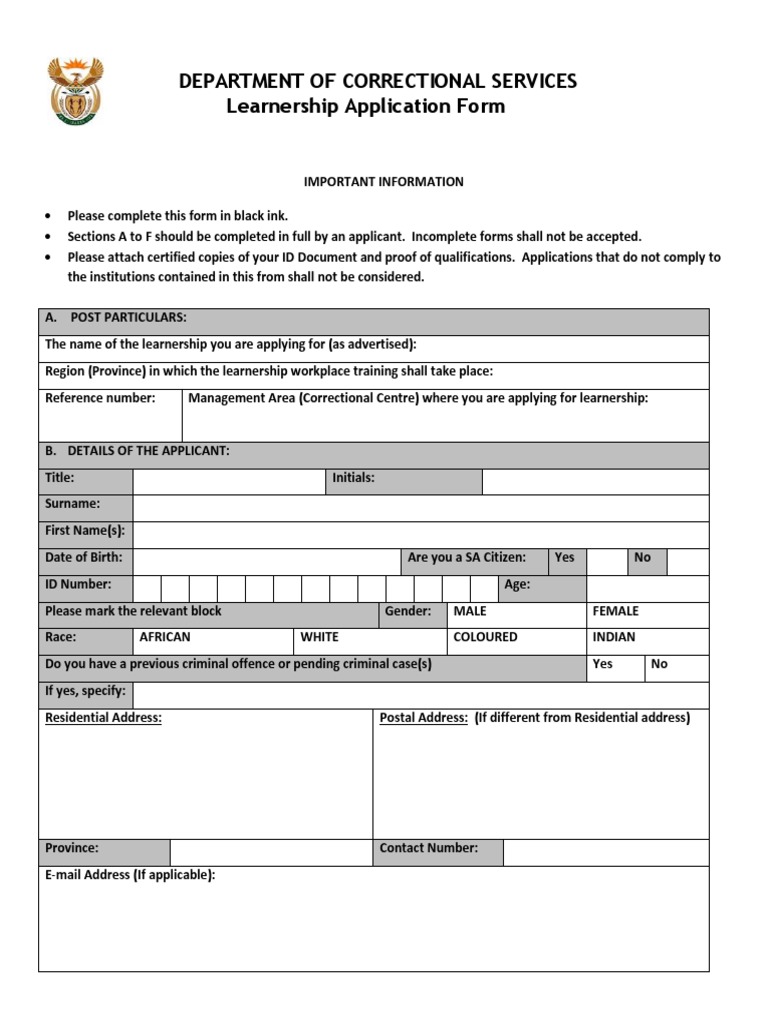 Department of Correctional Services Learnership Application Form | PDF ...