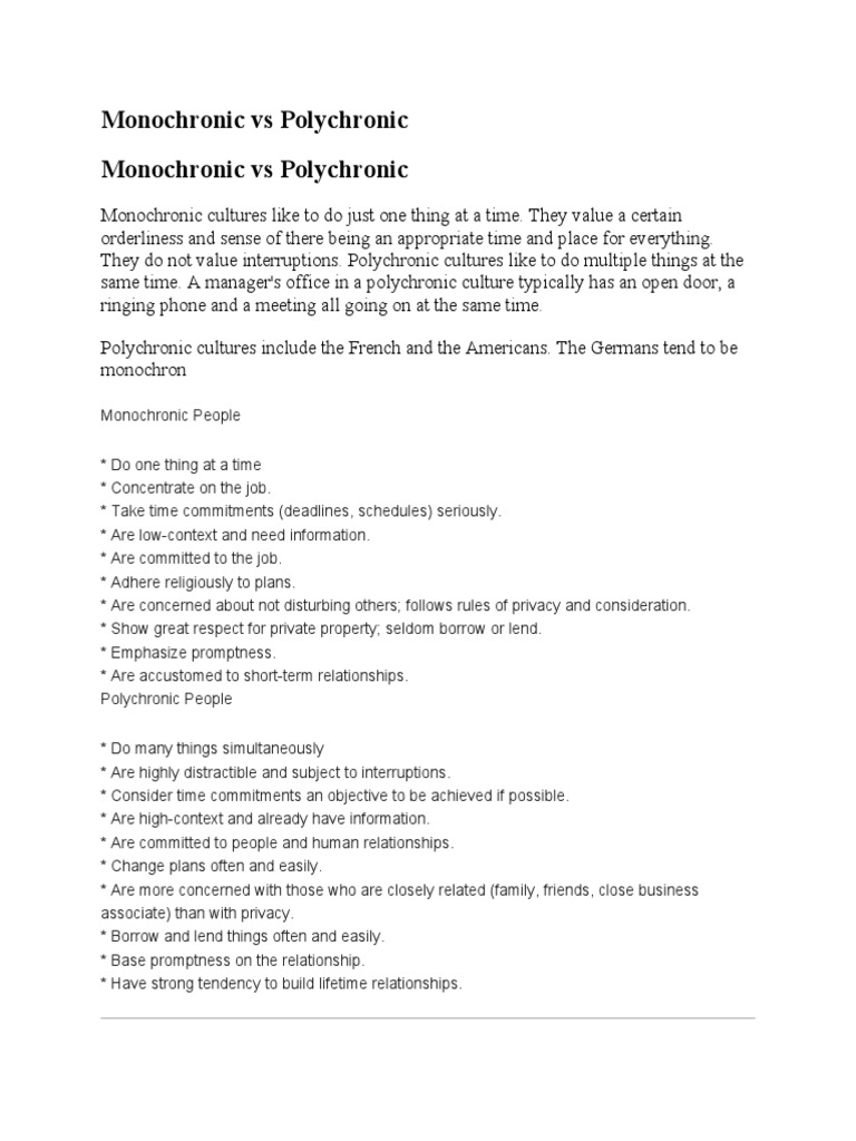 Monochronic Vs Polychronic | PDF | China | World Politics