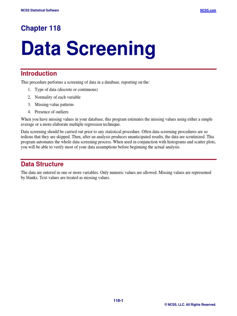 Data Screening: NCSS Statistical Software | PDF | Outlier | Correlation ...