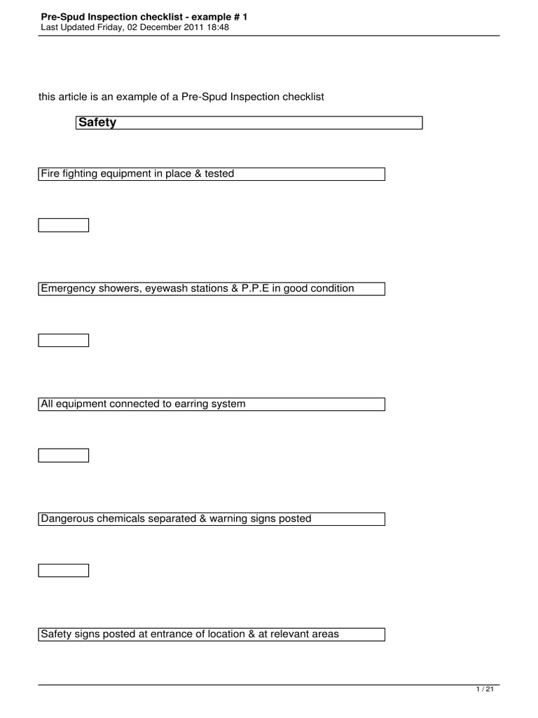 Pre Spud Inspection Checklist Example 1 | PDF | Equipment ...