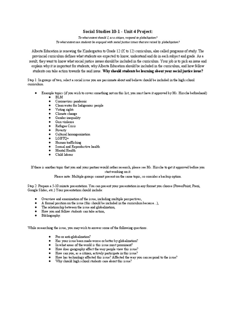 Social Studies 10-1 - Unit 4 Project | PDF | Social Justice | Curriculum