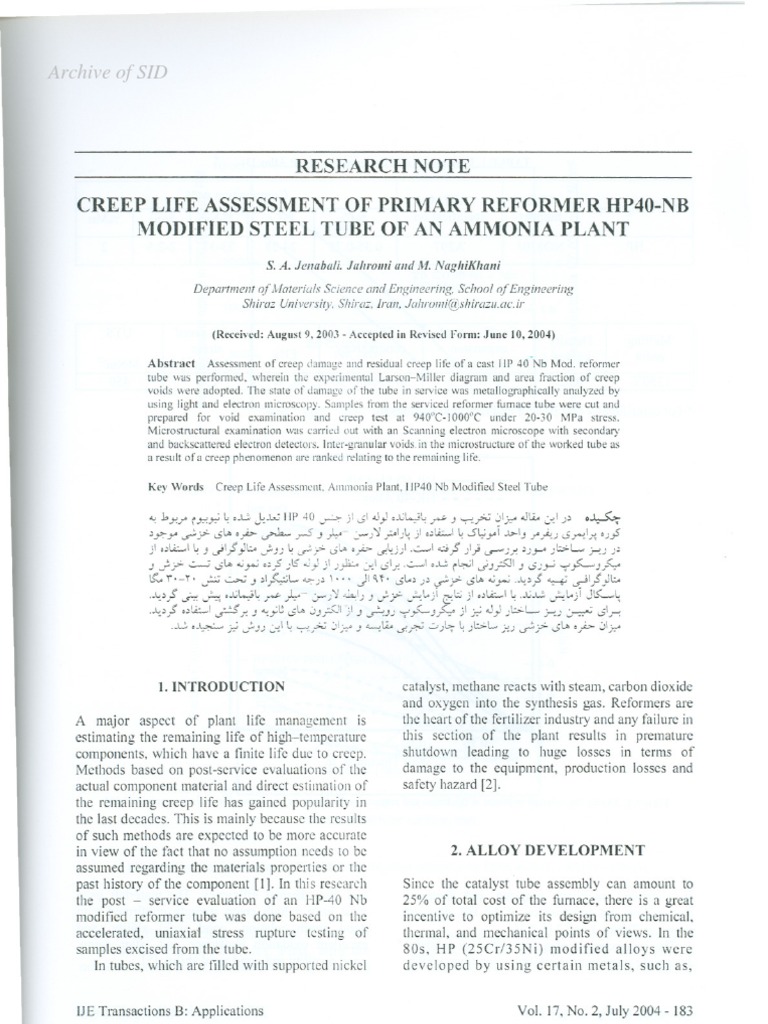 Reformer Tube Life Evaluation | PDF | Creep (Deformation) | Chemical ...