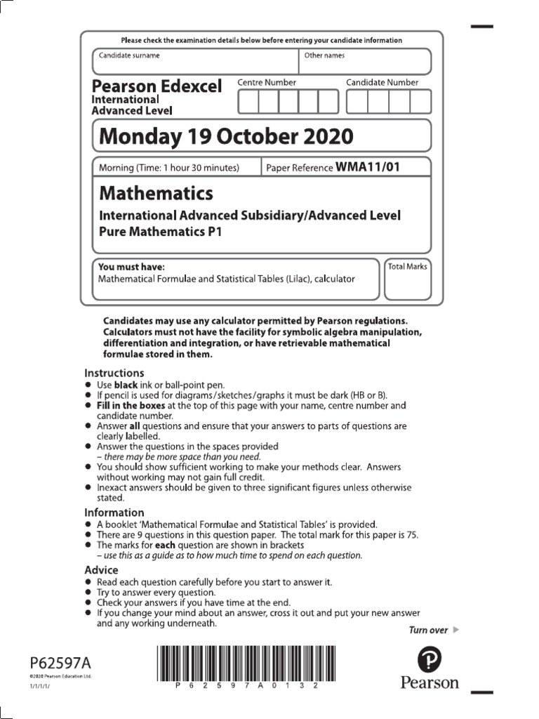 IAL Edexcel Pure Mathematics 1 - 2020 October Que | PDF