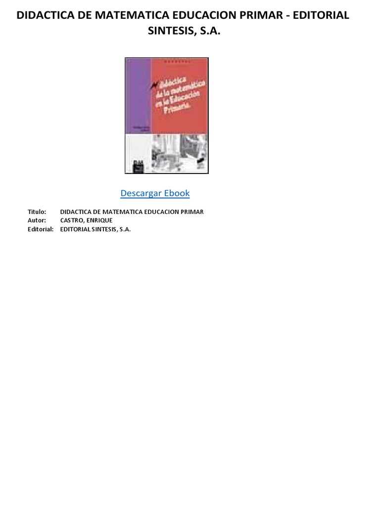 Didactica de Matematica Educacion Primar - Editorial Sintesis, S.A. | PDF