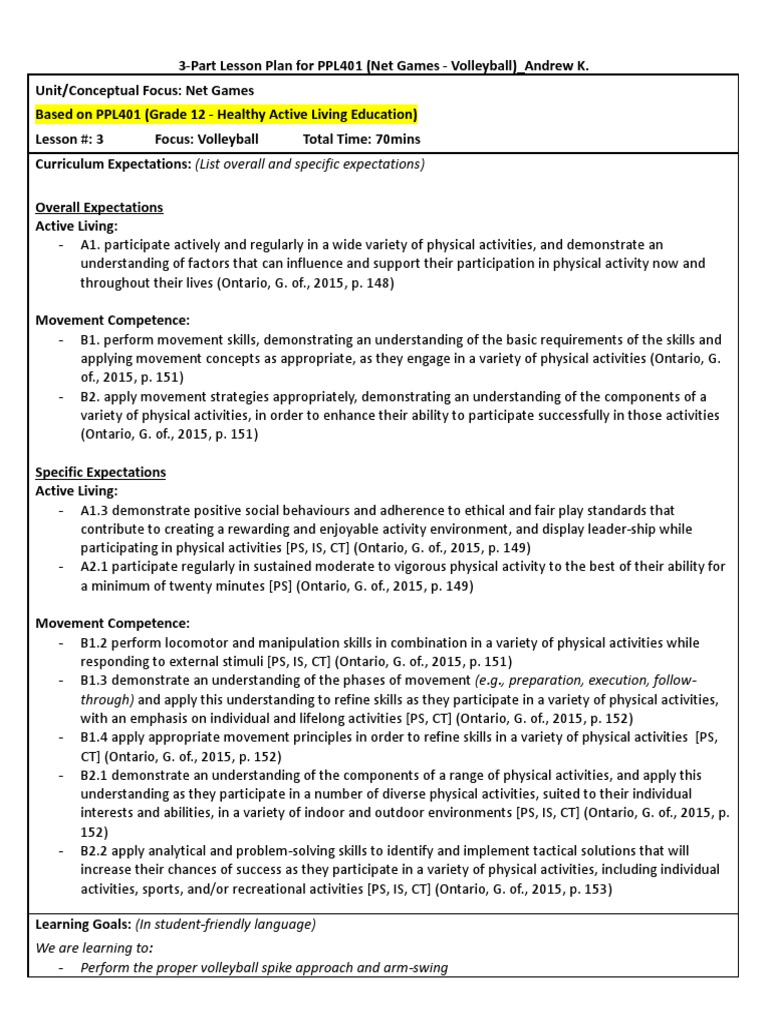 PPL401 Volleyball Lesson Plan | PDF | Volleyball | Educational Assessment