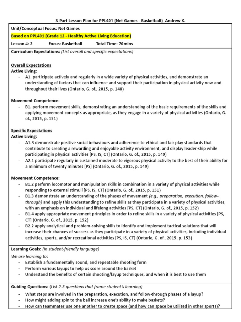 Basketball 3 Part Lesson Plan For ppl401 Andrew K | PDF | Educational ...