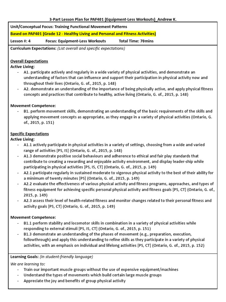 Equipment-Less Workouts 3 Part Lesson Plan For Paf401 Andrew K | PDF ...