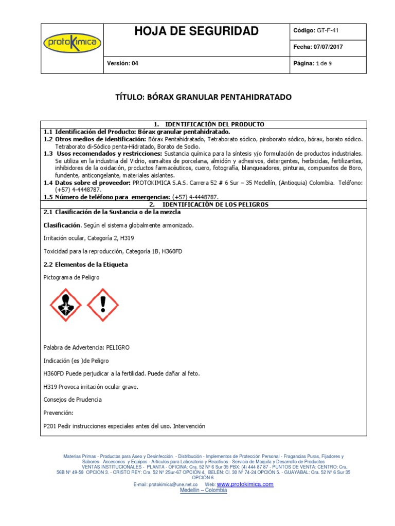 Borax Hoja de Seguridad | PDF | Agua | Toxicidad