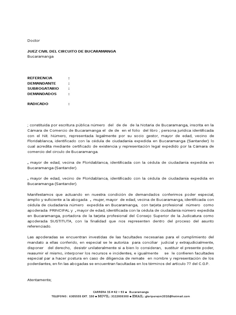 Modelo de Poder Especial, Amplio y Suficiente Otorgado Por Persona ...