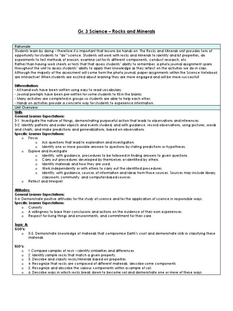 Rocks and Minerals Unit Plan | PDF