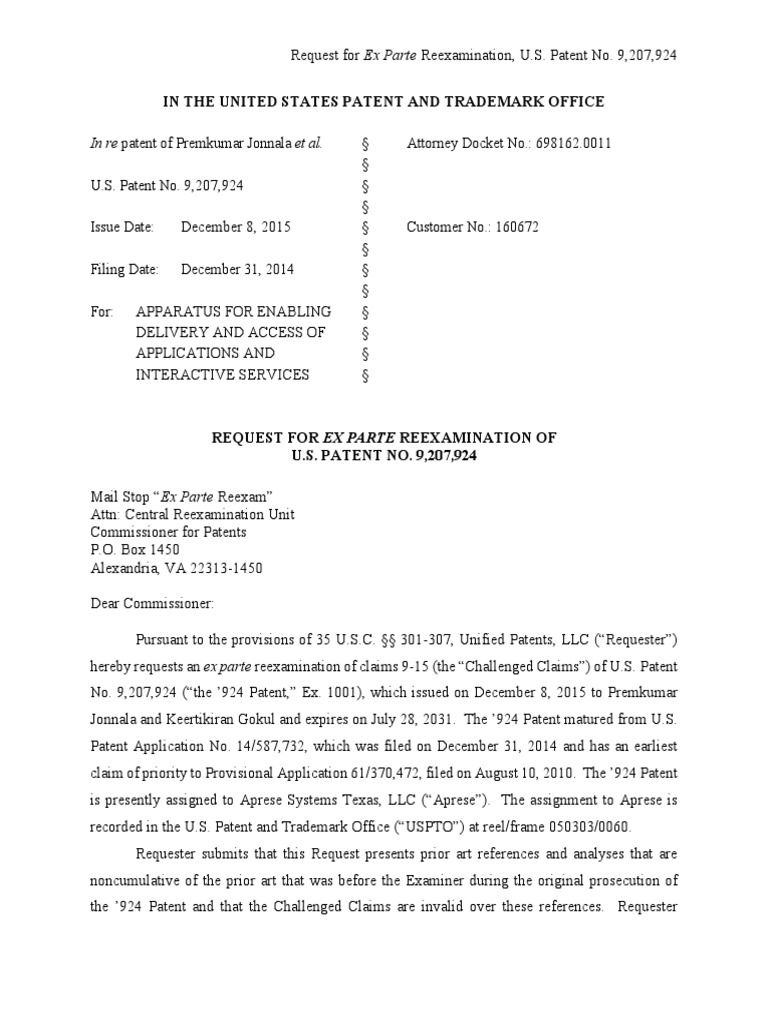 Ex Parte Reexamination Request: US Patent 9,207,924 | PDF ...