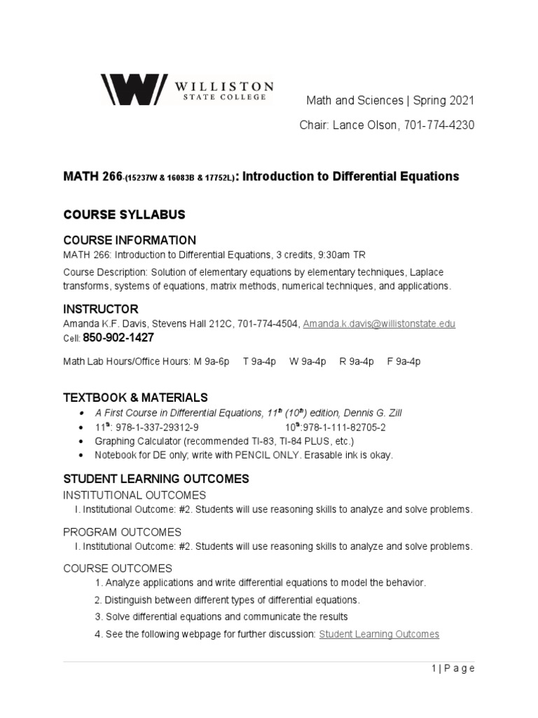 930 AM Syllabus Math 266 - (15237W & 16083B & 17752L) TR Differential ...