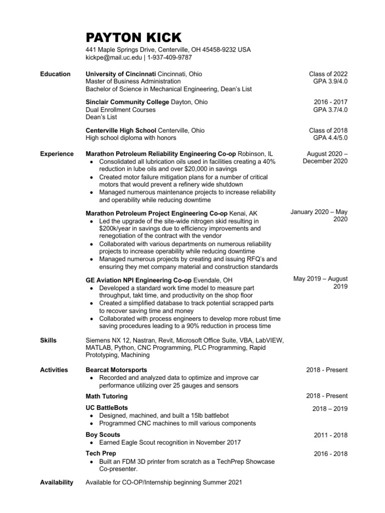 Payton Kick Resume | PDF | Reliability Engineering | Manufacturing And ...