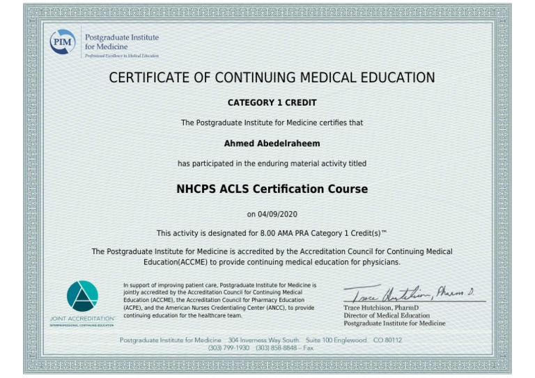 Acls Advanced Cardiac Life Support Certification Course Certificate | PDF